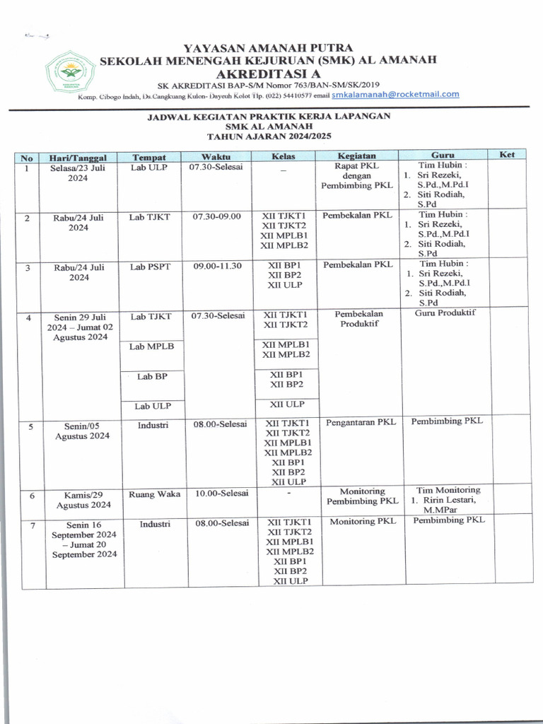 JADWAL KEGIATAN PKL | PDF