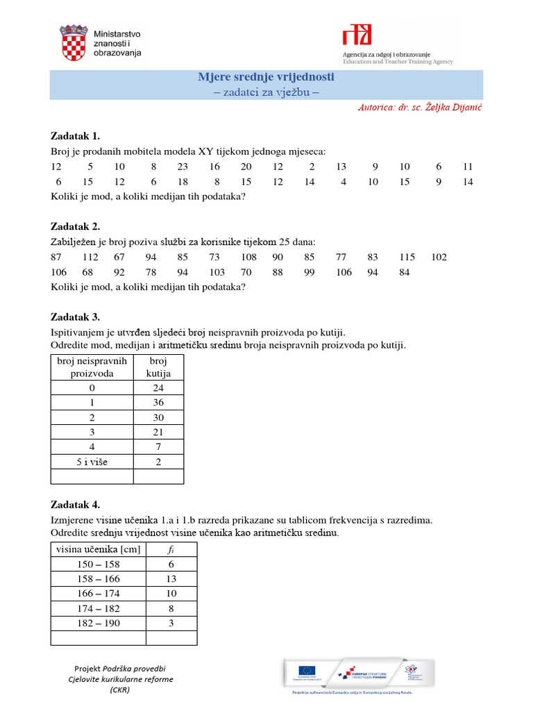 Mjere Srednje Vrijednosti - Zadatci Za Vjezbu | PDF
