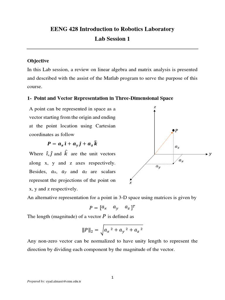 EENG 428 Introduction to Robotics Laboratory_Robotics Lab_session1 | PDF | Euclidean Vector ...