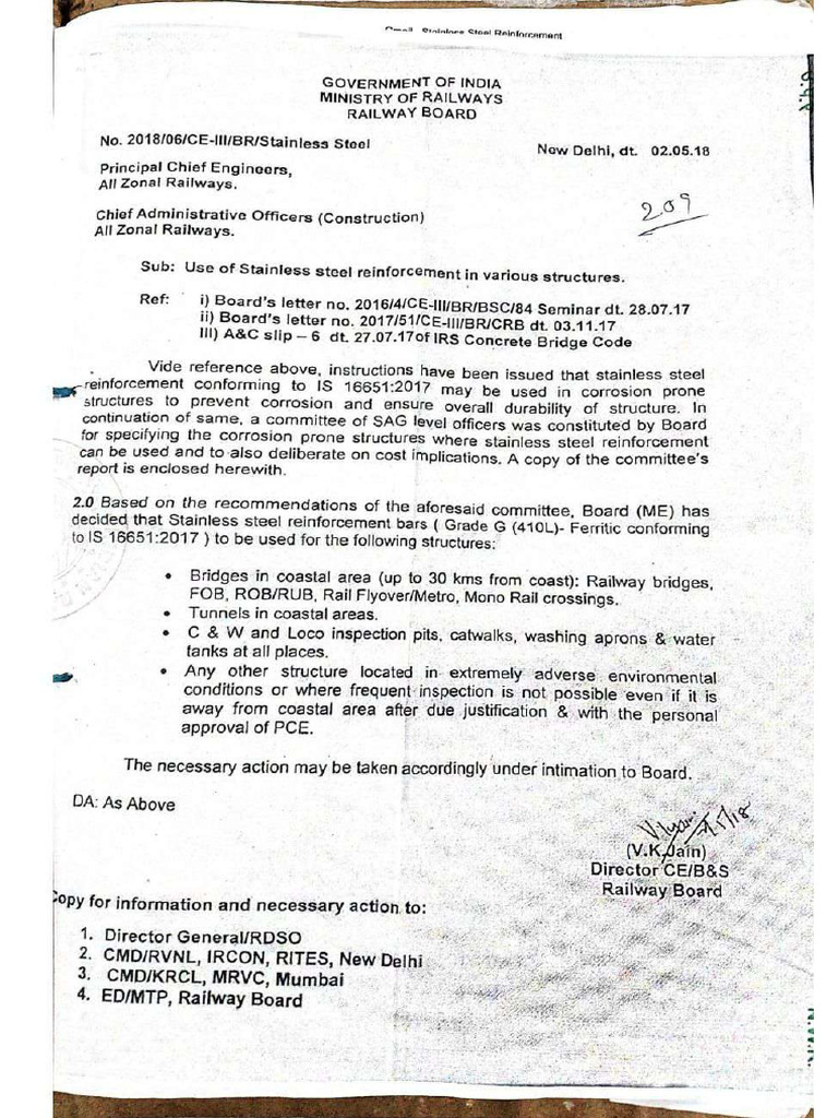 1.1 Railway Board Circular - Use of SS Rebars | PDF