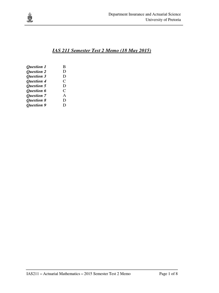 IAS211 Actuarial Math Test 2 Memo | PDF | Actuary | Actuarial Science