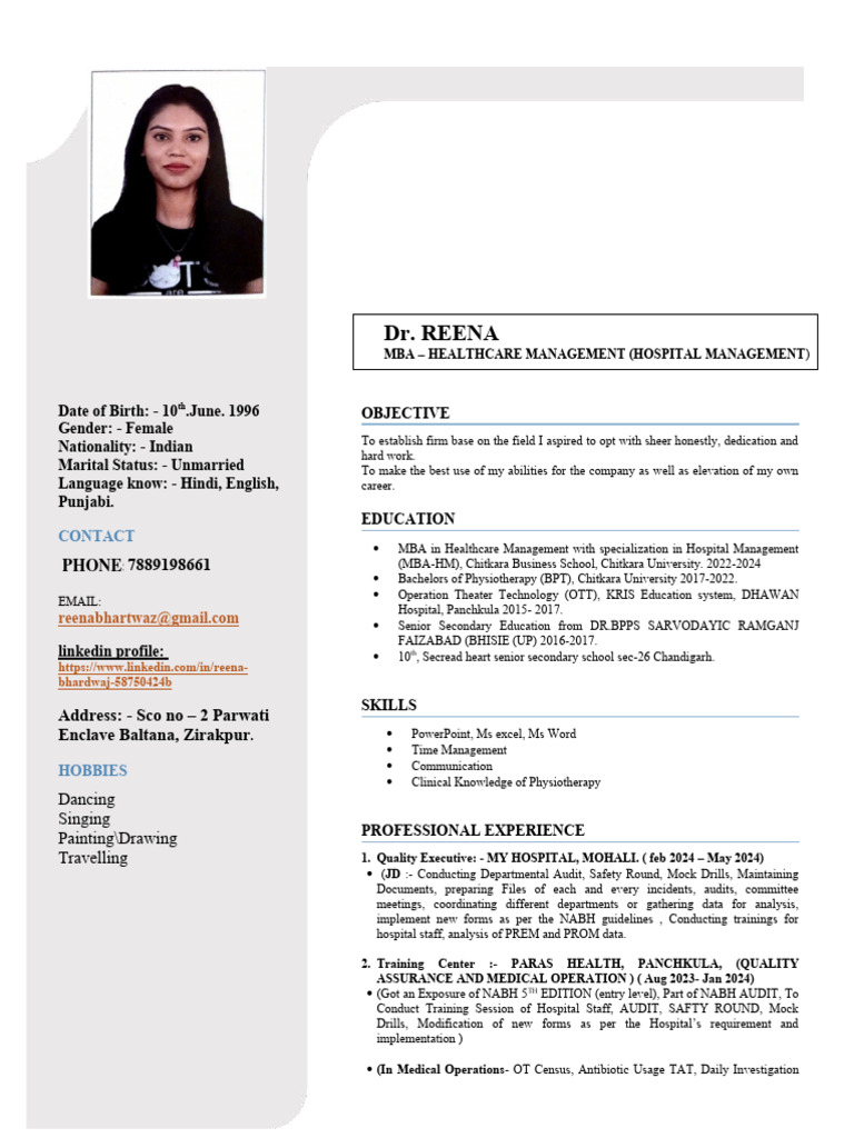 Dr. REENA RESUME final (1) | PDF | Physical Therapy | Health Care