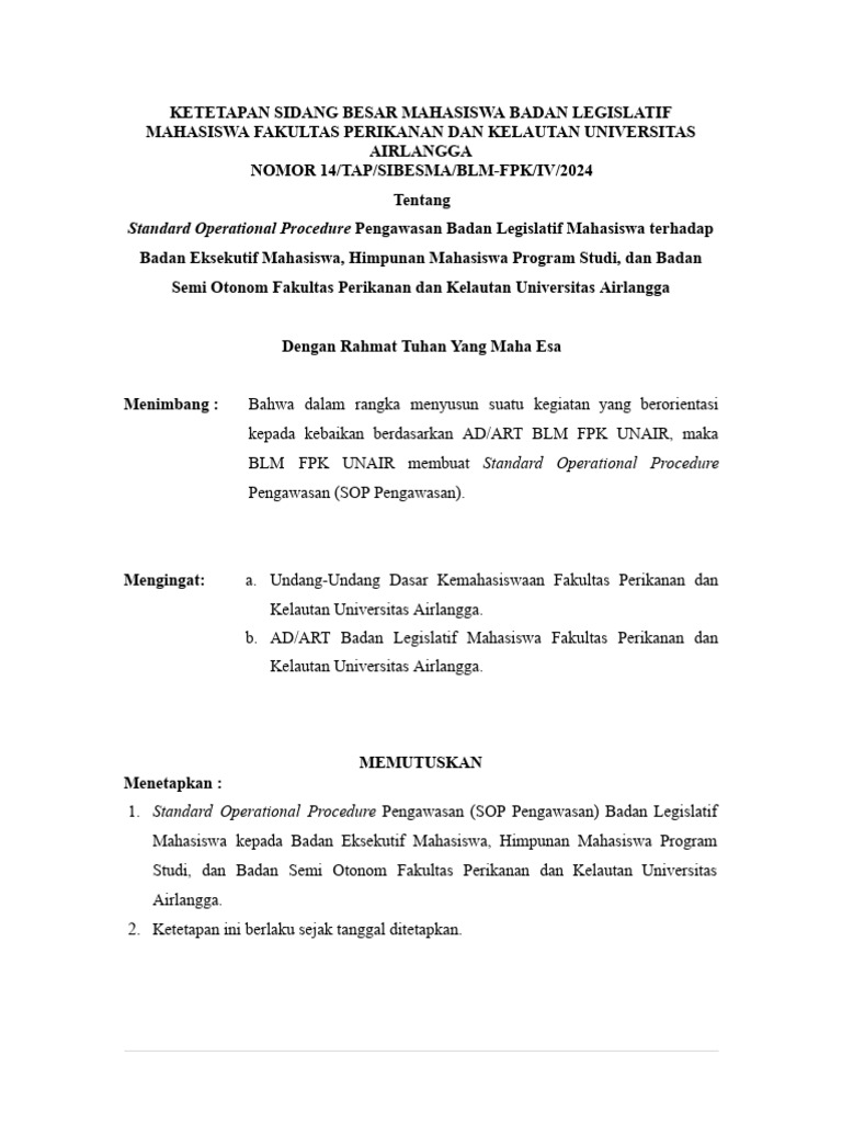 SOP Pengawasan BLM FPK UNAIR 2024 | PDF | Sains & Matematika