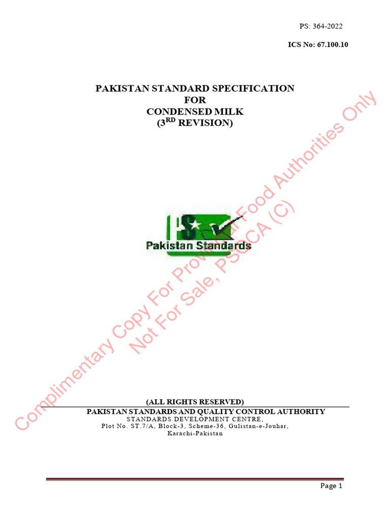 Pakistan Standard for Condensed Milk | PDF | Milk | Cattle Products