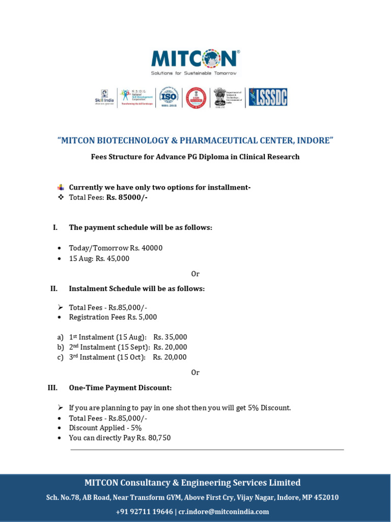 MITCON - Fees Structure For Advance PG Diploma in Clinical Research-1 | PDF