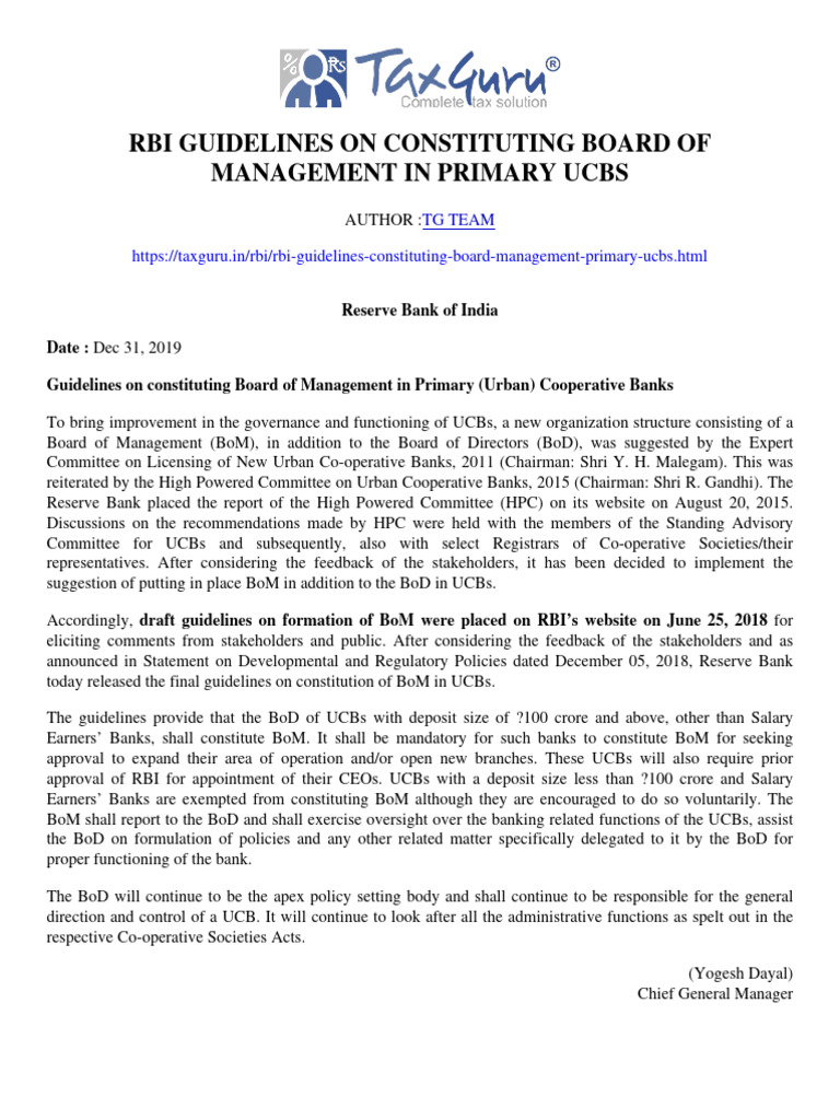 RBI Guidelines On Constituting Board of Management in Primary UCBs ...