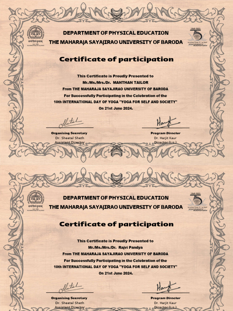 21st June 2024 Yoga Day MSU Certificate | PDF | Indian Philosophy | Āstika