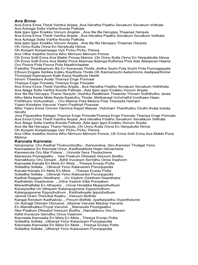 Ava Enna & Kannala Kannala Lyrics | PDF