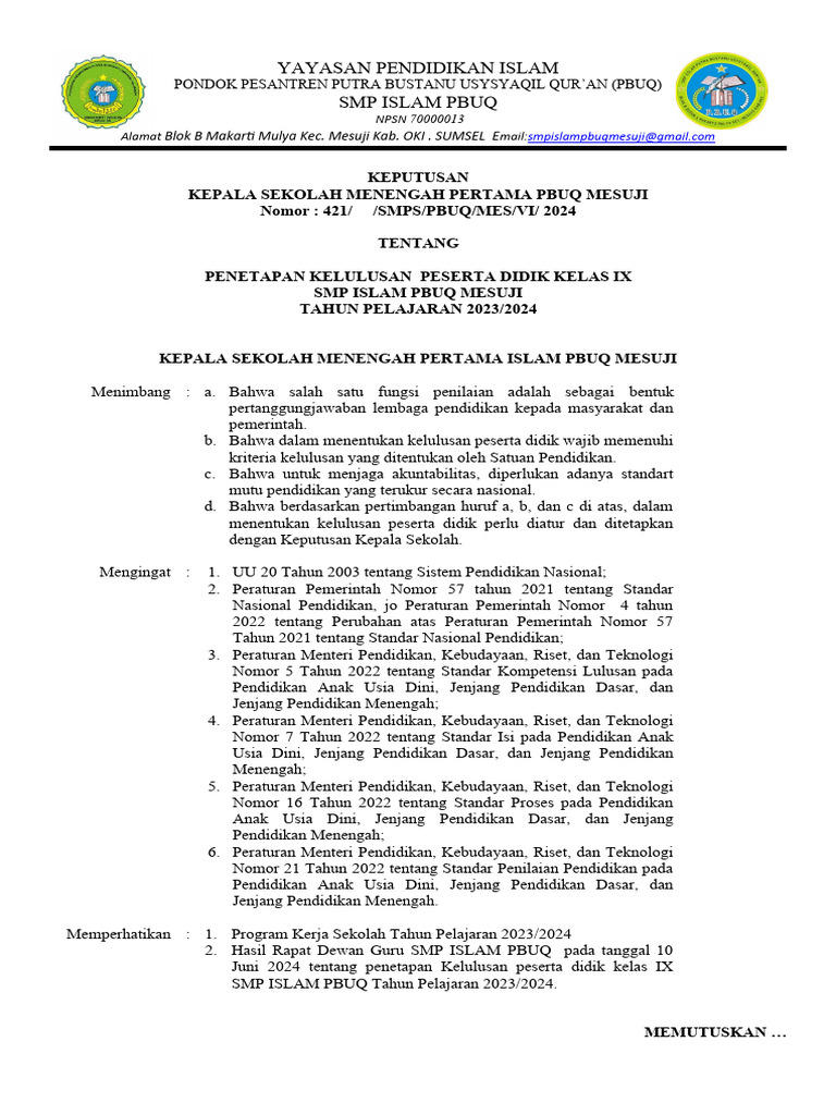 Contoh SK Penetapan Kelulusan Peserta Didik 2023-2024 | PDF