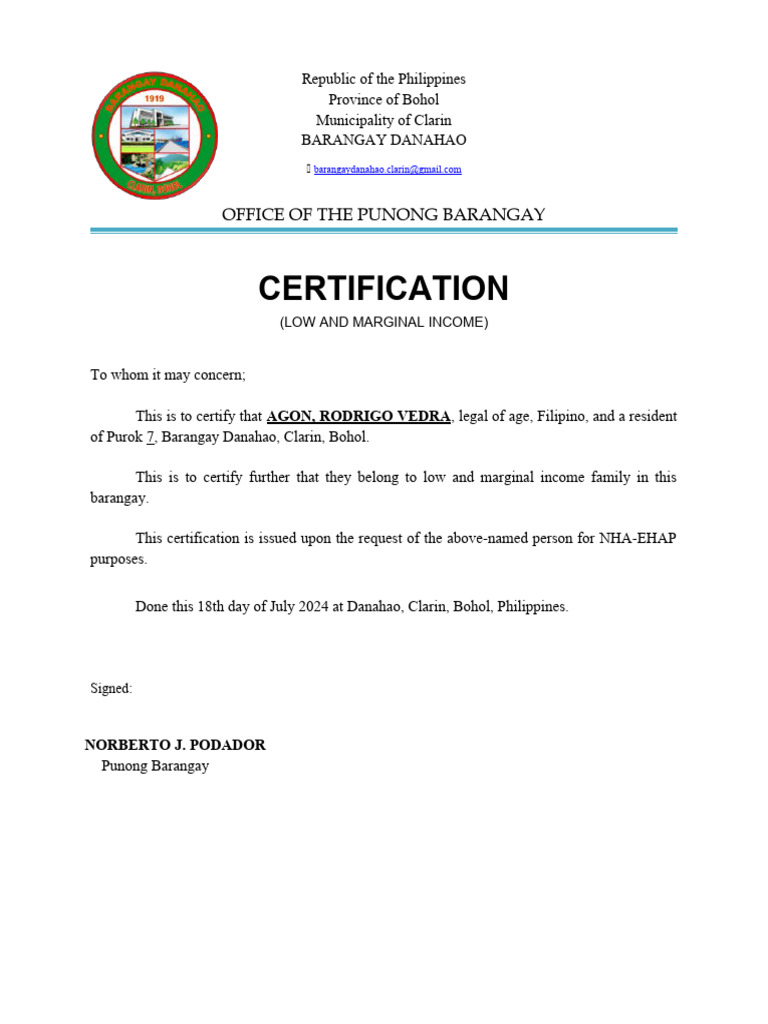 NHA Certificate of Low and Marginal Income - 051413 | PDF | Philippines