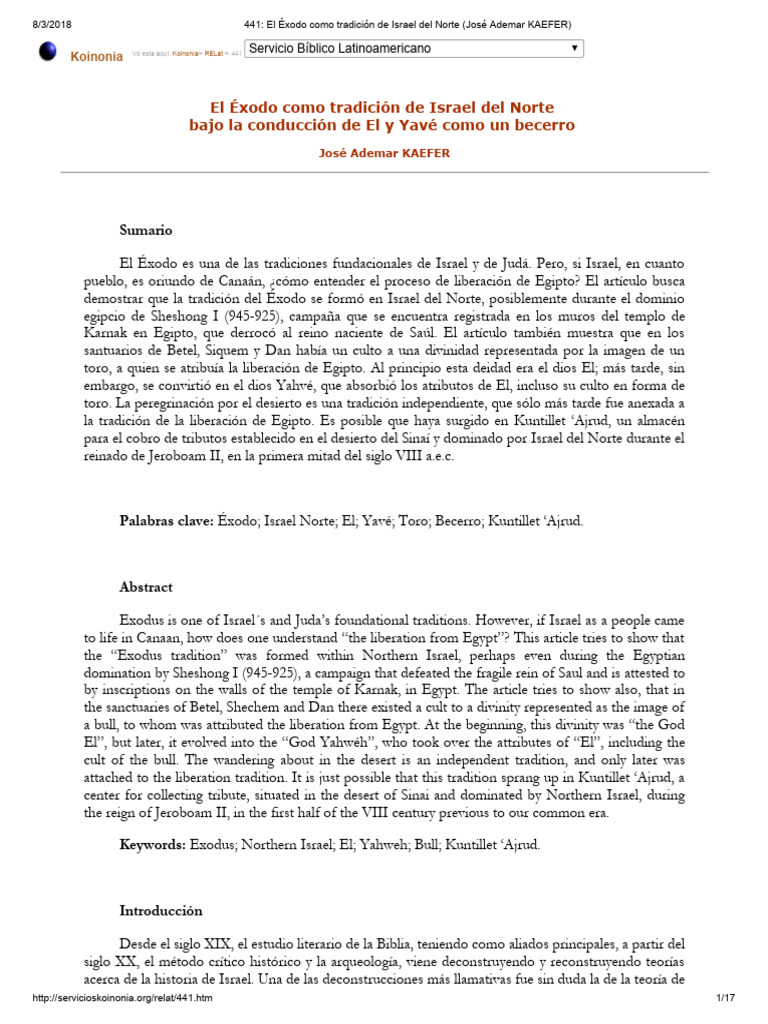KAEFER, José Ademar. El Éxodo Como Tradición de Israel Del Norte | PDF ...