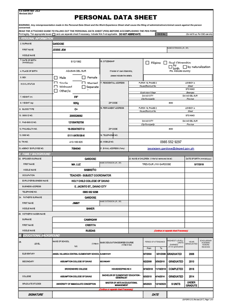 CS Form No. 212 Personal Data Sheet Revised | PDF | Government | Justice