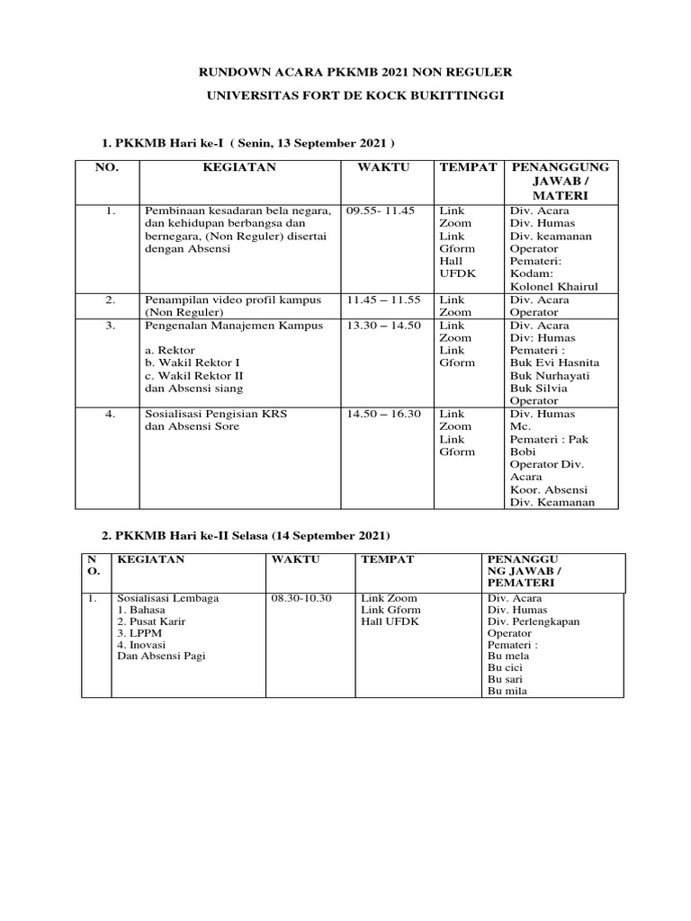 Rundown PKKMB 2021 Universitas Fort De Kock | PDF