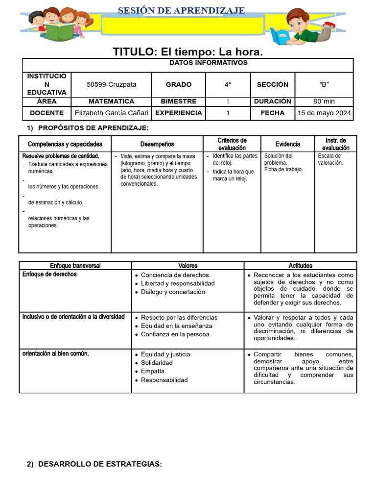 Sesion de Aprendizaje - EL TIEMPO, LA HORA | PDF | Hora | Reloj