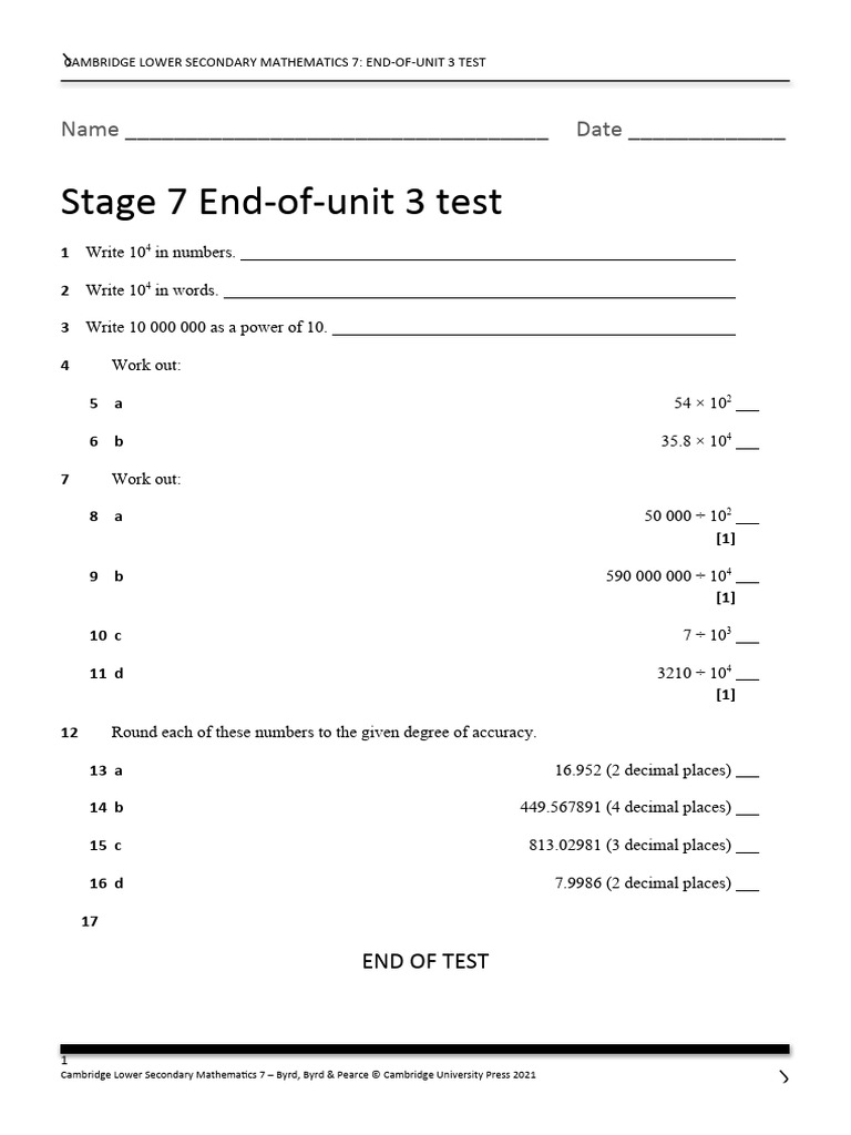 End-of-Unit 3 Test: Grade 7 Maths | PDF