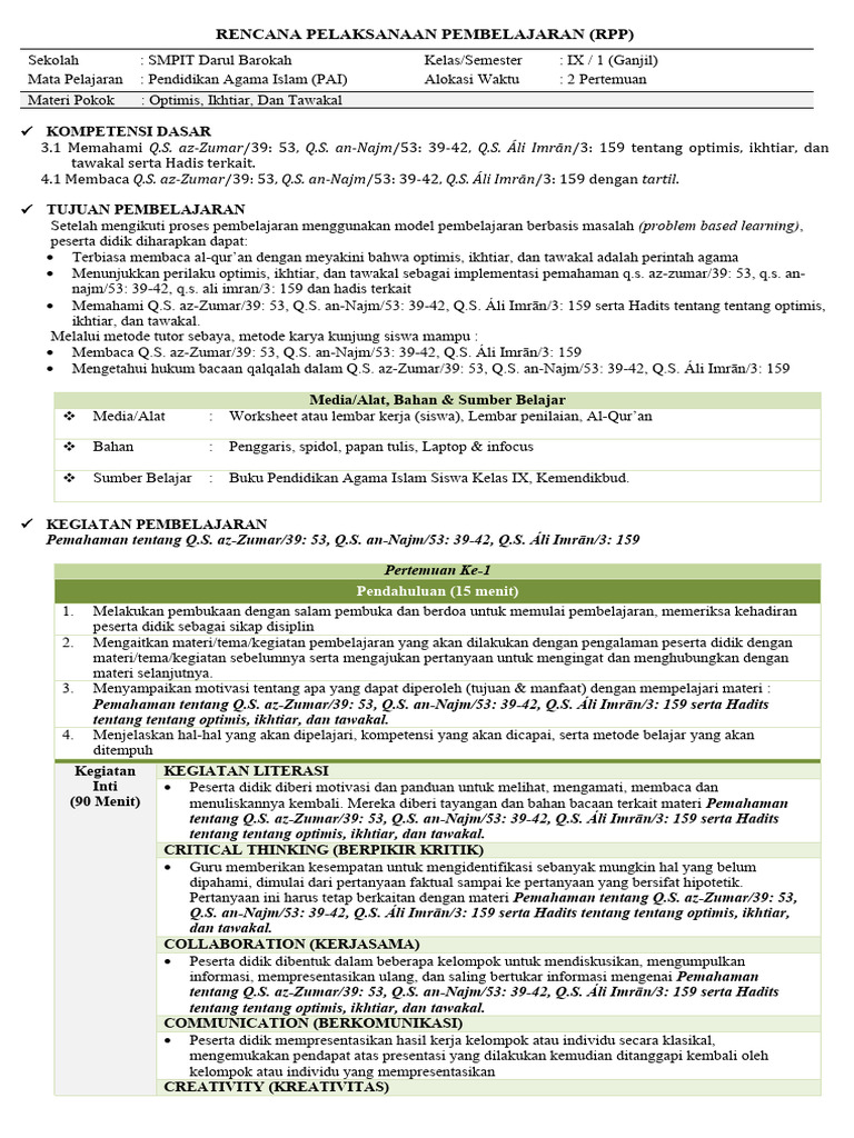 RPP 1 Lembar PAI Kelas 9 Semester 1 | PDF
