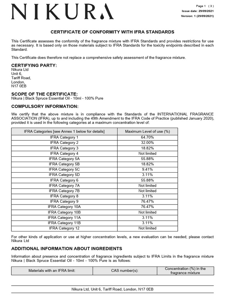 IFRA Certificate Black Spruce Essential Oil EO-BLS | PDF | Perfume ...
