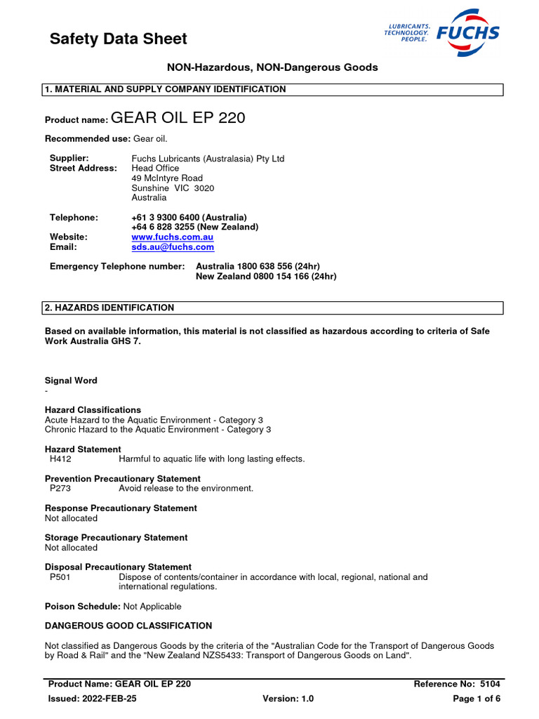 Gear Oil Ep 220-SDS | PDF | Dangerous Goods | Toxicity