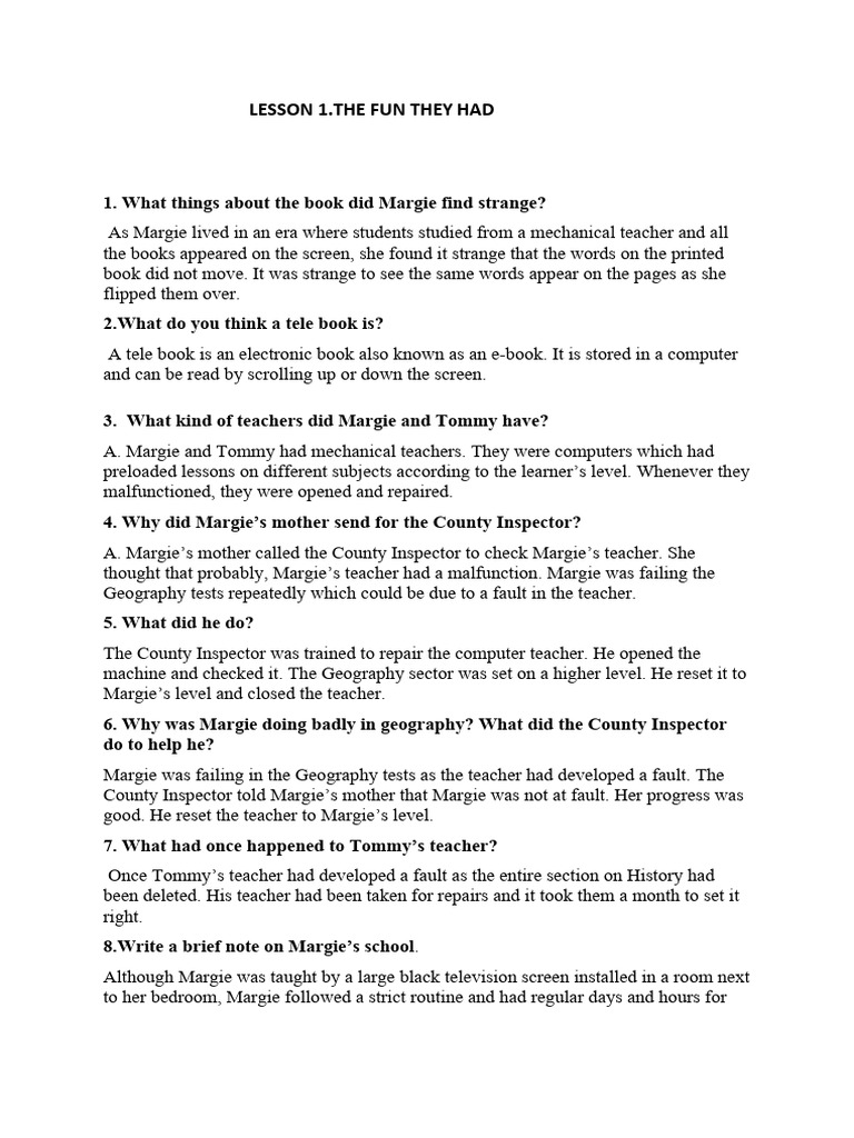 The Fun They Had Question and Answers | PDF | Books | Learning