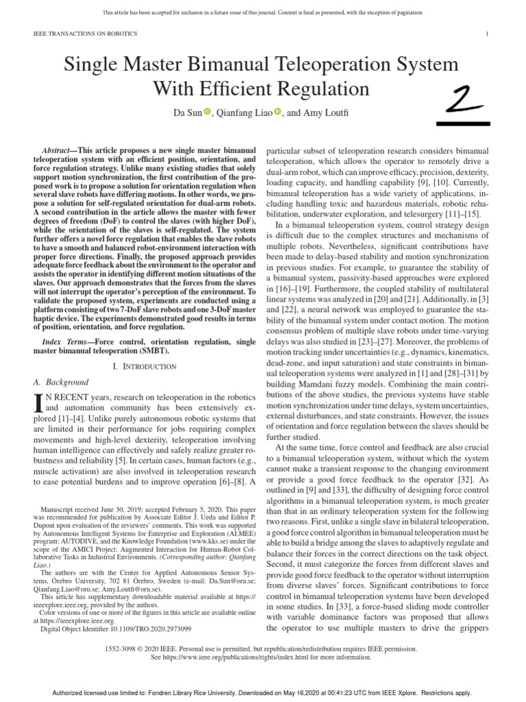 Single Master Bimanual Teleoperation System With Efficient Regulation