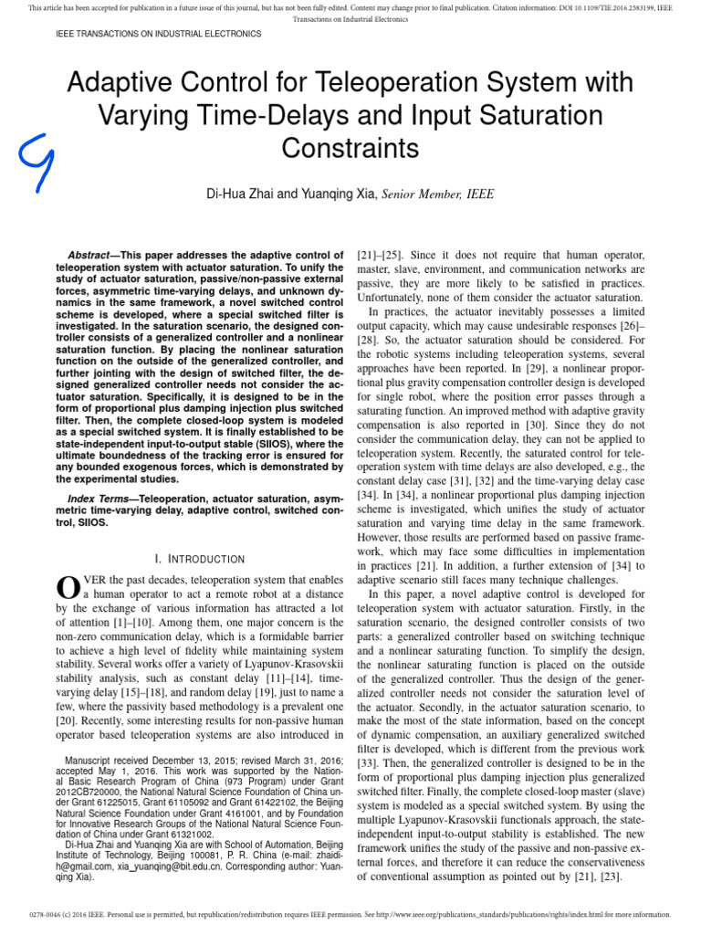 Adaptive Control For Teleoperation System With Varying Time Delays And Input Saturation