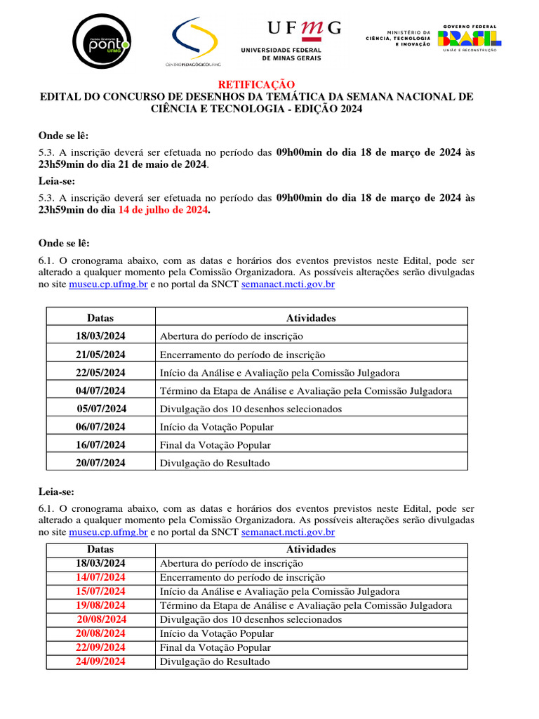 Retificação do Concurso de Desenhos SNCT 2024 | PDF