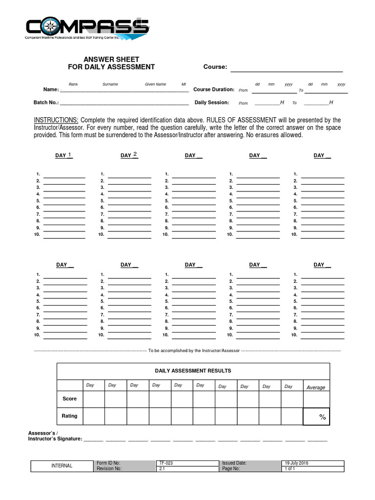 TF 023 Answer Sheet Daily Assessment Editable | PDF