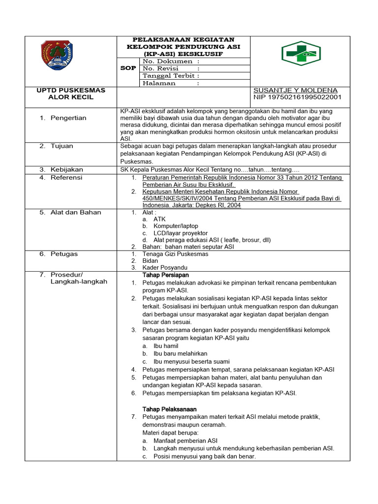 03 SOP Pelaksanaan Kegiatan Kelompok Pendukung Asi (KP-ASI) Eksklusif | PDF
