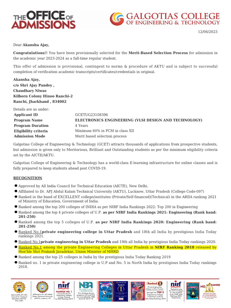 Galgotias College Admission Offer 2023 | PDF | University And College ...