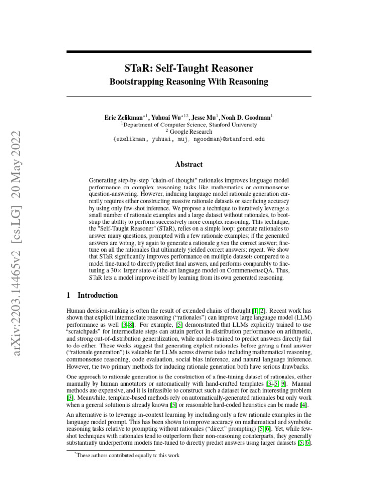 Star: Self-Taught Reasoner: Bootstrapping Reasoning With Reasoning ...