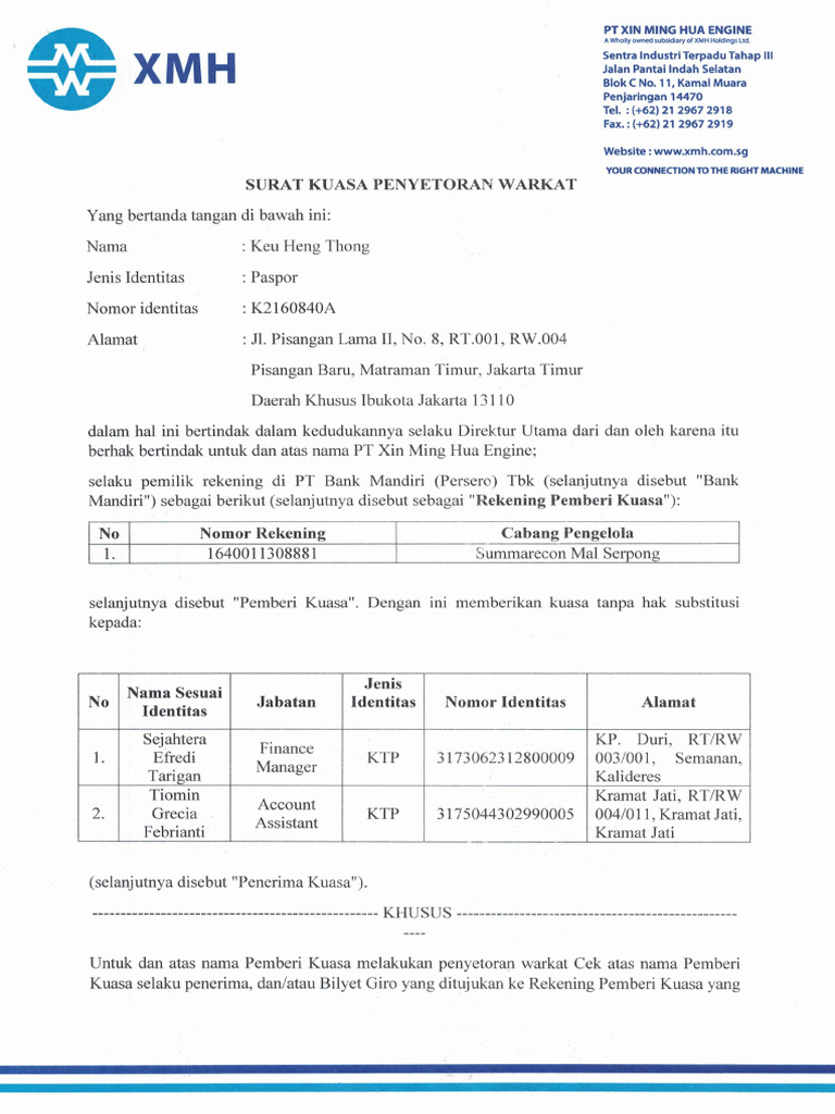 Surat Kuasa Penyetoran Warkat Dan Surat Kuasa Pencabutan Kuasa Penyetor ...