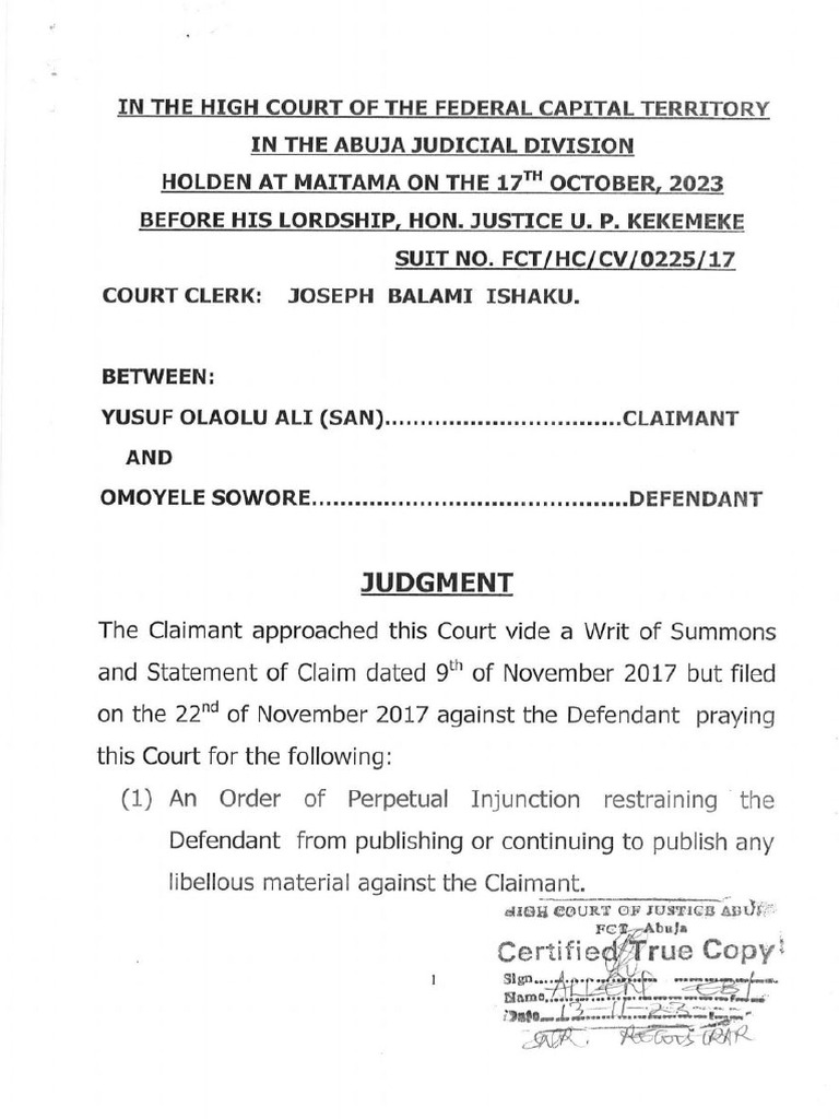 Judgment Yusuf Olaolu Ali (San) vs. Omoyele Sowere | PDF