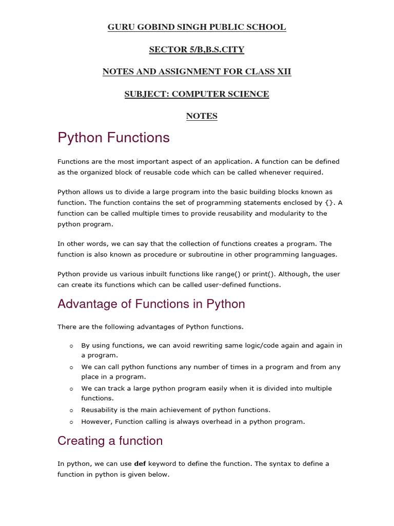 Advantage of Functions in Python | PDF | Parameter (Computer ...