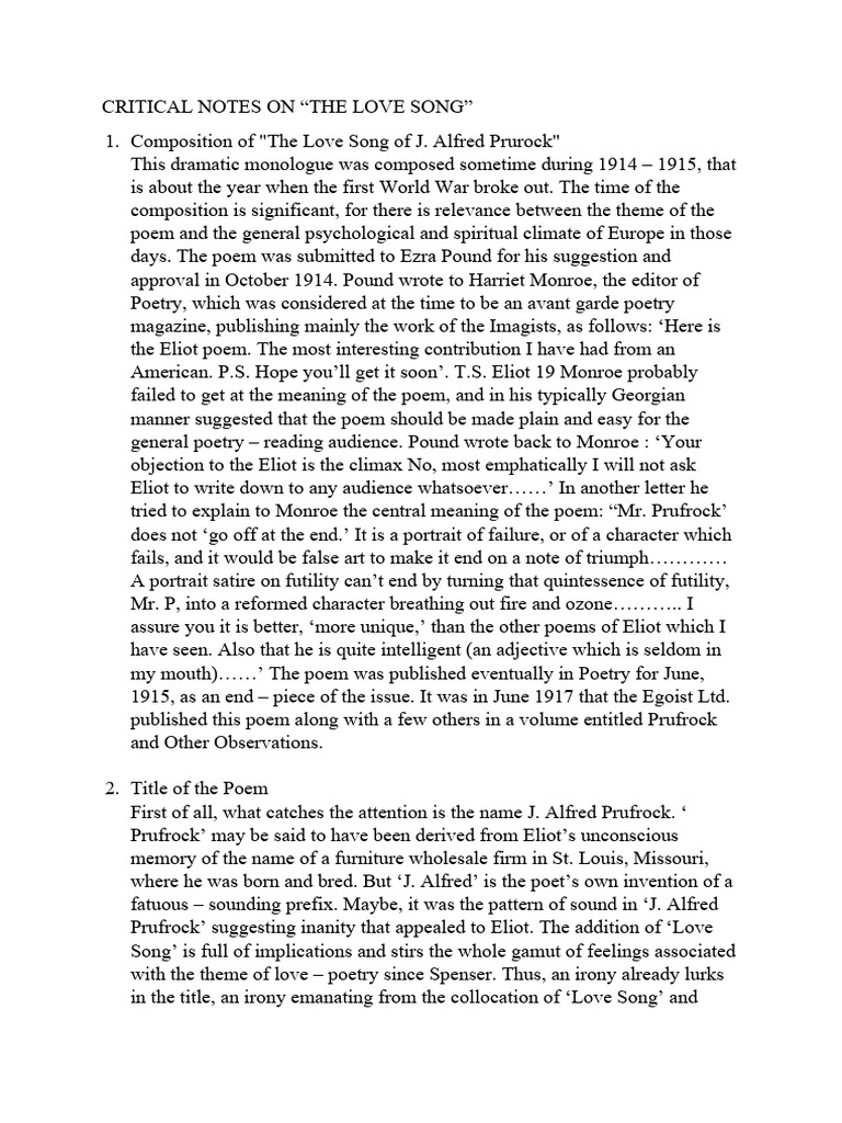 Critical Analysis of Prufrock's Love Song | PDF | Poetry