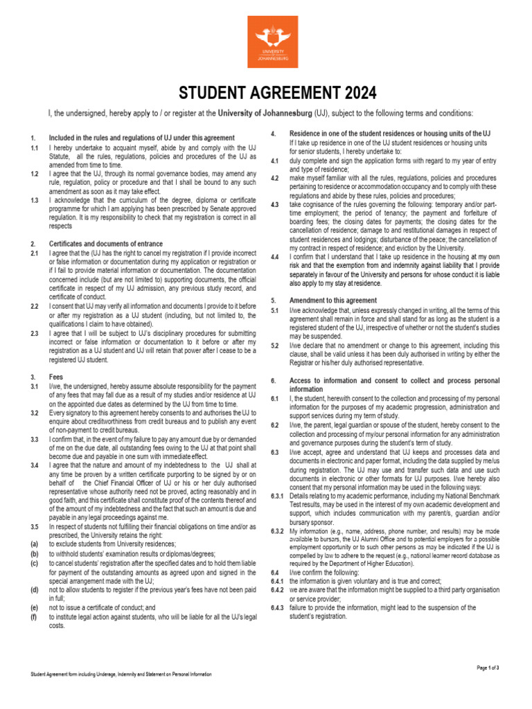 UJ Student Agreement 2024 Form | PDF | Consent | Information