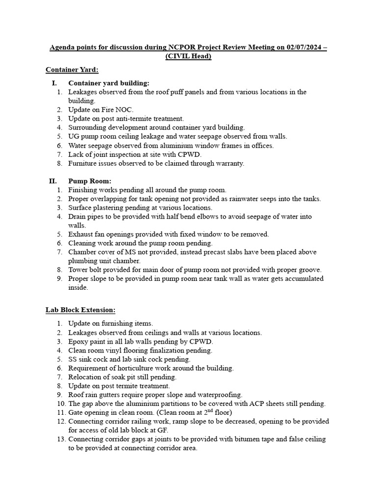 Agenda Points For Discussion During Project Review Meeting 2-7-24 | PDF ...