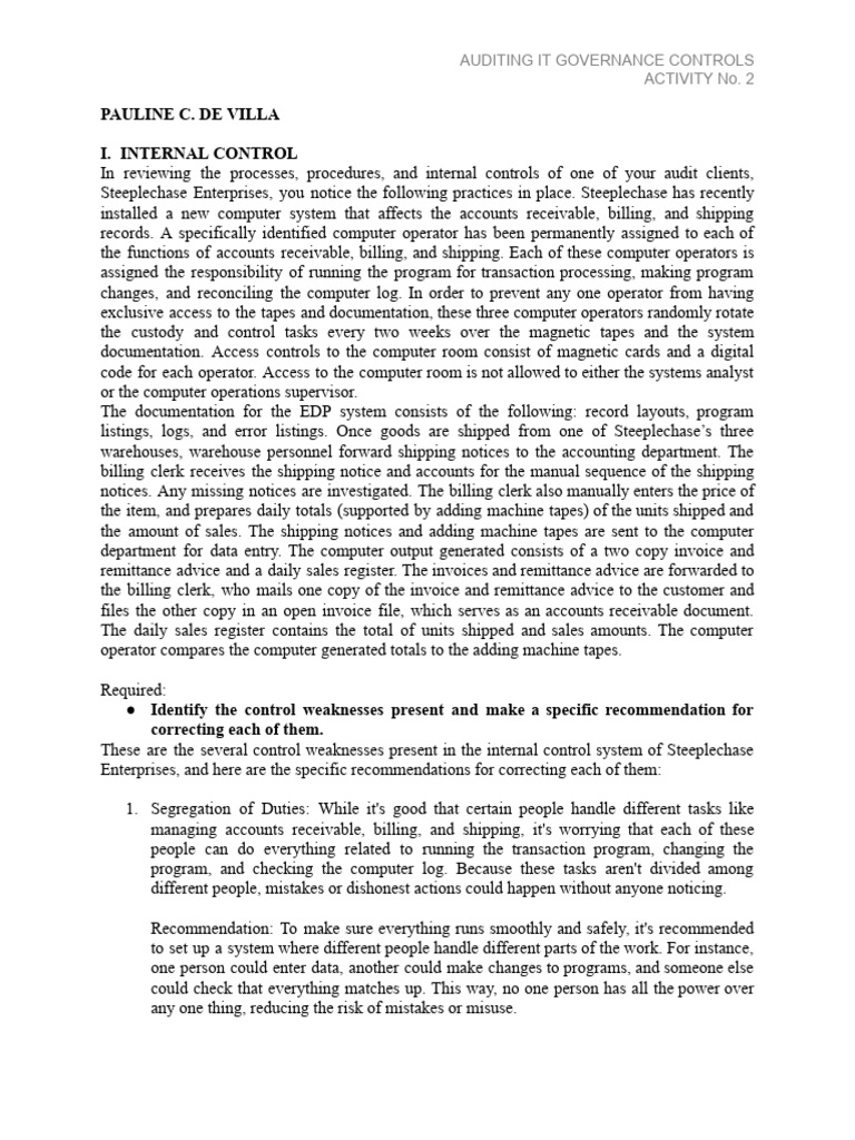 Activity 2 - Auditing IT Governance Control | PDF | Audit | Backup