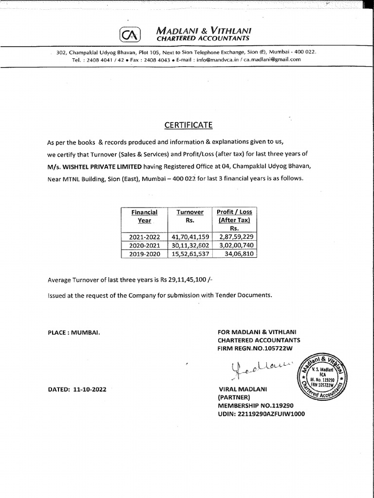 Turnover Certificate FY 2019-22 OCT | PDF