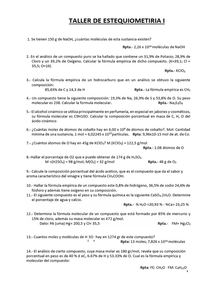 Ejercicios de Estequiometría y Fórmulas Químicas | PDF | Mole (Unidad ...