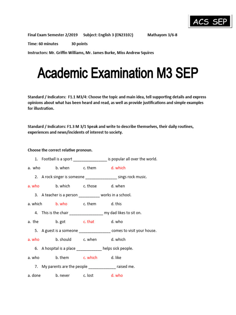 M3 Academic Final Test 2019 Semester 2 | PDF