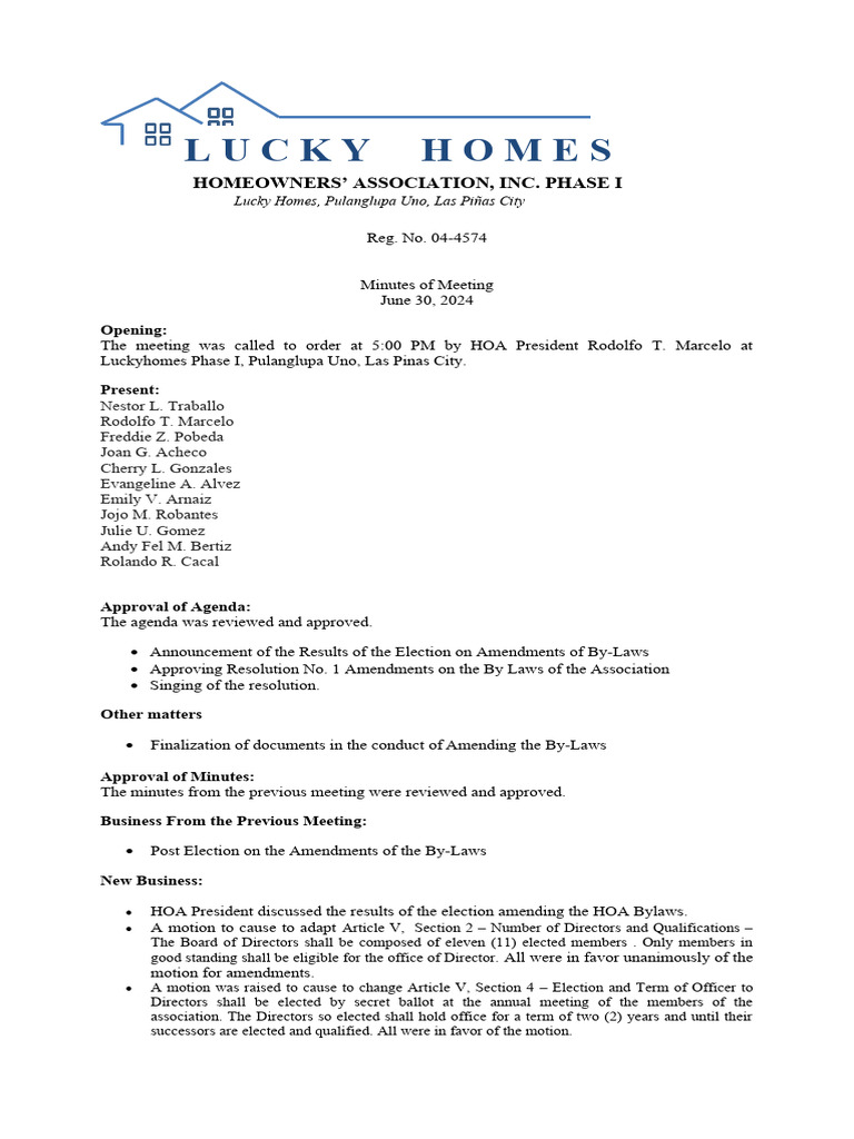 Minutes of Meeting July 7 Amendments of By Laws | Download Free PDF ...