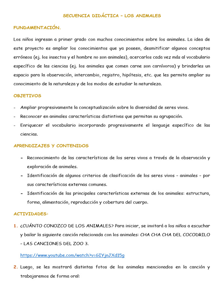 Secuencia Didáctica Los Animales | PDF