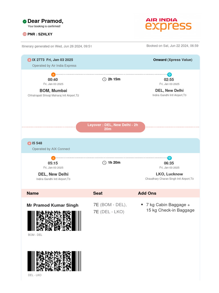 Air India Express Booking Confirmation | PDF | Baggage | Airport