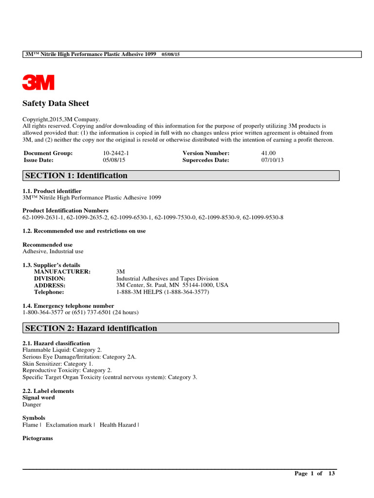 3M - PCP1099-QT - SDS | PDF | Hazardous Waste | Occupational Safety And Health