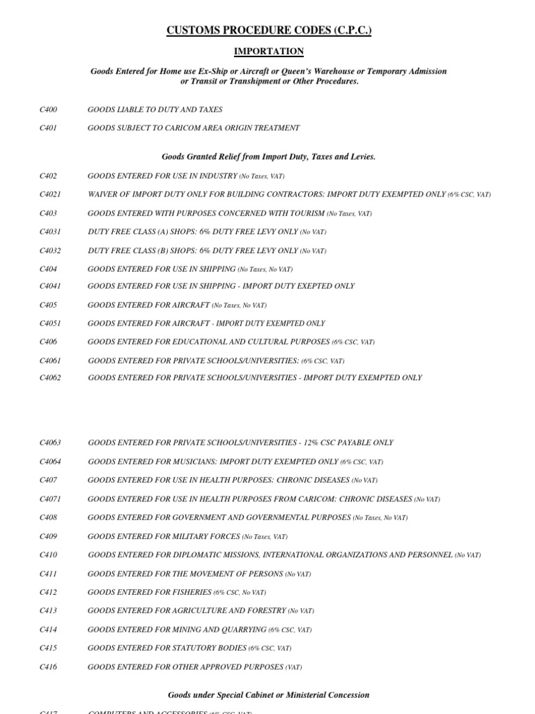 Customs Procedure Codes Guide | PDF | Value Added Tax | Taxes