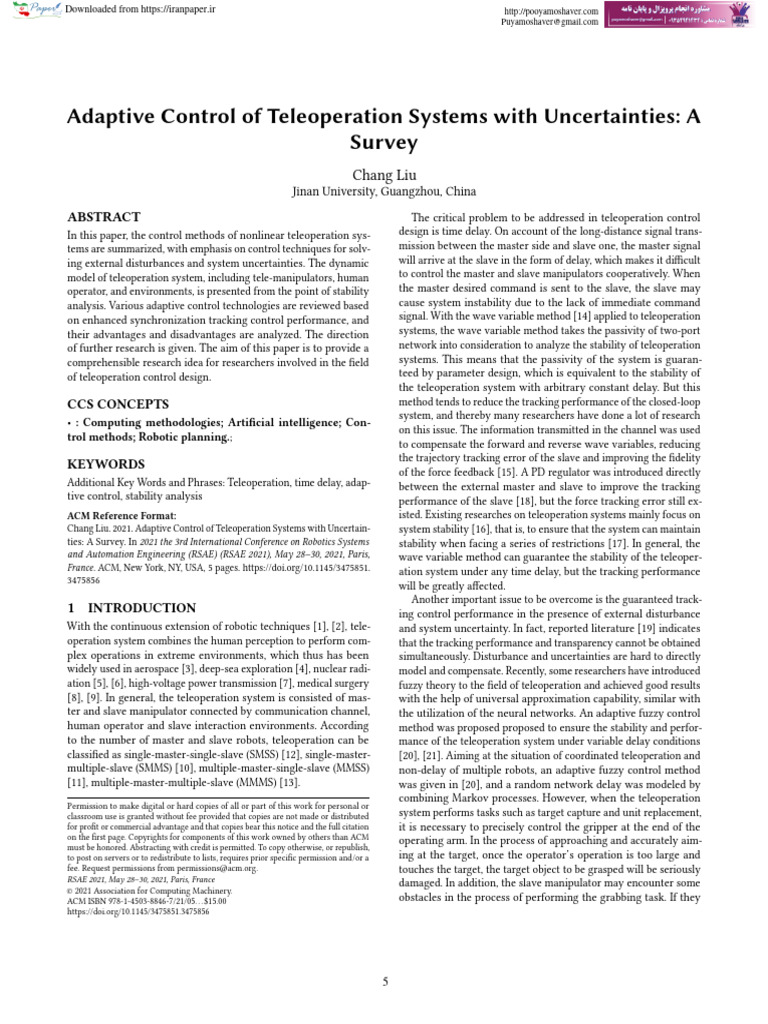 Adaptive Control of Teleoperation Systems With Uncertainties A Survey | PDF | System