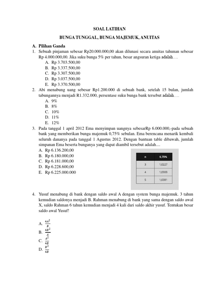 Soal Latihan Bunga Tunggal - Majemuk - Anuitas | PDF