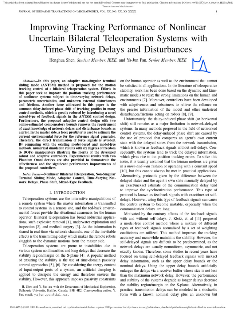 Improving Tracking Performance of Nonlinear Uncertain Bilateral Teleoperation Systems With Time ...