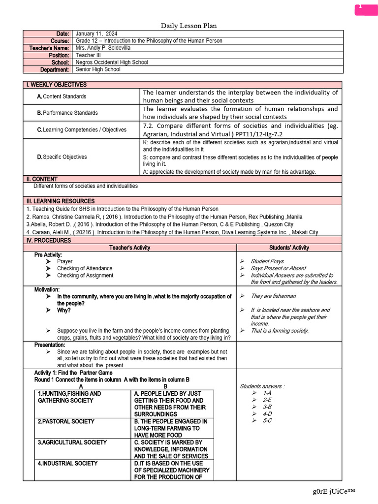 COT2 Lesson Plan Philosophy | PDF | Society | Logarithm