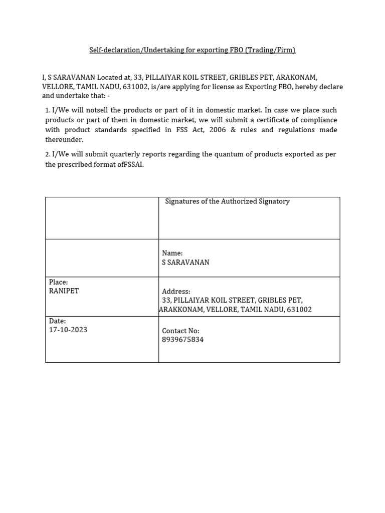 Exporting FBO Self-Declaration Form | PDF | Law